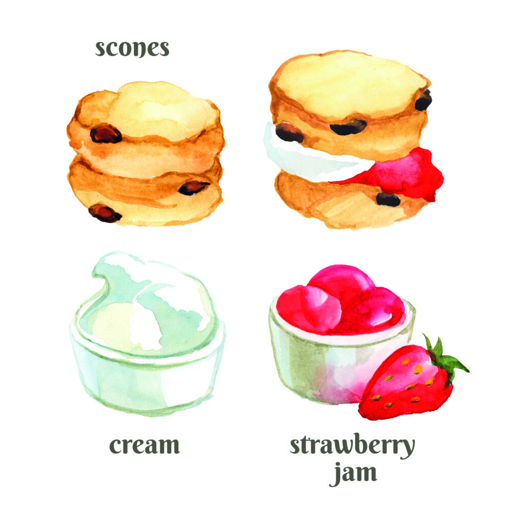 Set of scones with raisins, cream and strawberry jam in bowl ...